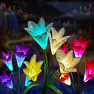 Outdoor Flower Solar Lights 3 Pack, Aukora Waterproof Solar Garden Lights with 12 Lily Flowers, Color-Changing LED Solar Stake Lights for Patio Back Yard Pathway Walkway Garden Decor(White Purple Red)