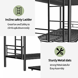 QSOSTNS Twin Over Twin Bunk Bed with Trundle, Heavy Duty Bunk Beds Frame with Side Ladders Convertible Bunkbed with Safety Guard Rails, No Box Spring Needed (Black)