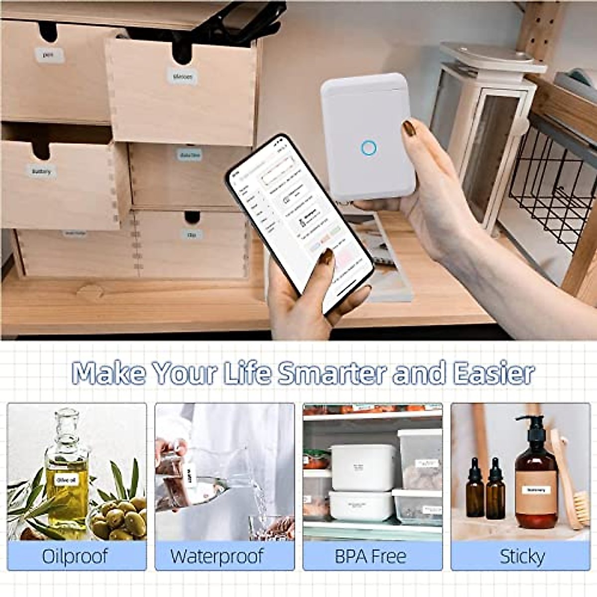 FOUAVRTEL Label Maker Machine with Tape D110 Portable Wireless Bluetooth Label Printer Direct Thermal Printer Rechargeable Labeler Handheld with Multiple Templates Inkless Office Home