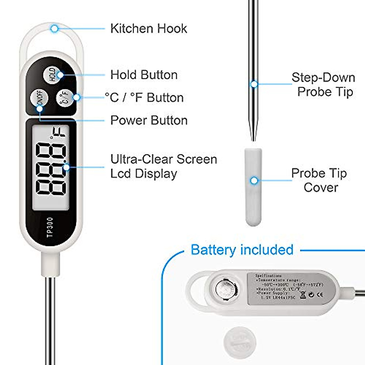 Digital Instant Read Meat Thermometer Kitchen Cooking Food Candy Thermometer for Oil Deep Fry BBQ Grill Smoker Thermometer by AikTryee.