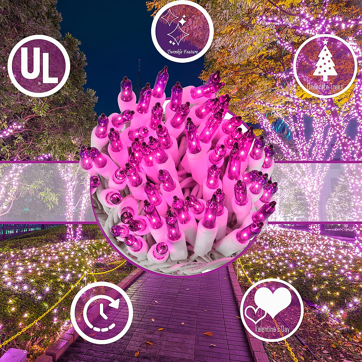 Purple Christmas String Lights Set, 100 Incandescent Halloween Lights 20.6 Ft White Wire for Indoor Outdoor Decorative Use, Holiday Décor Bright Patio Lighting Tree Decorations UL Certified