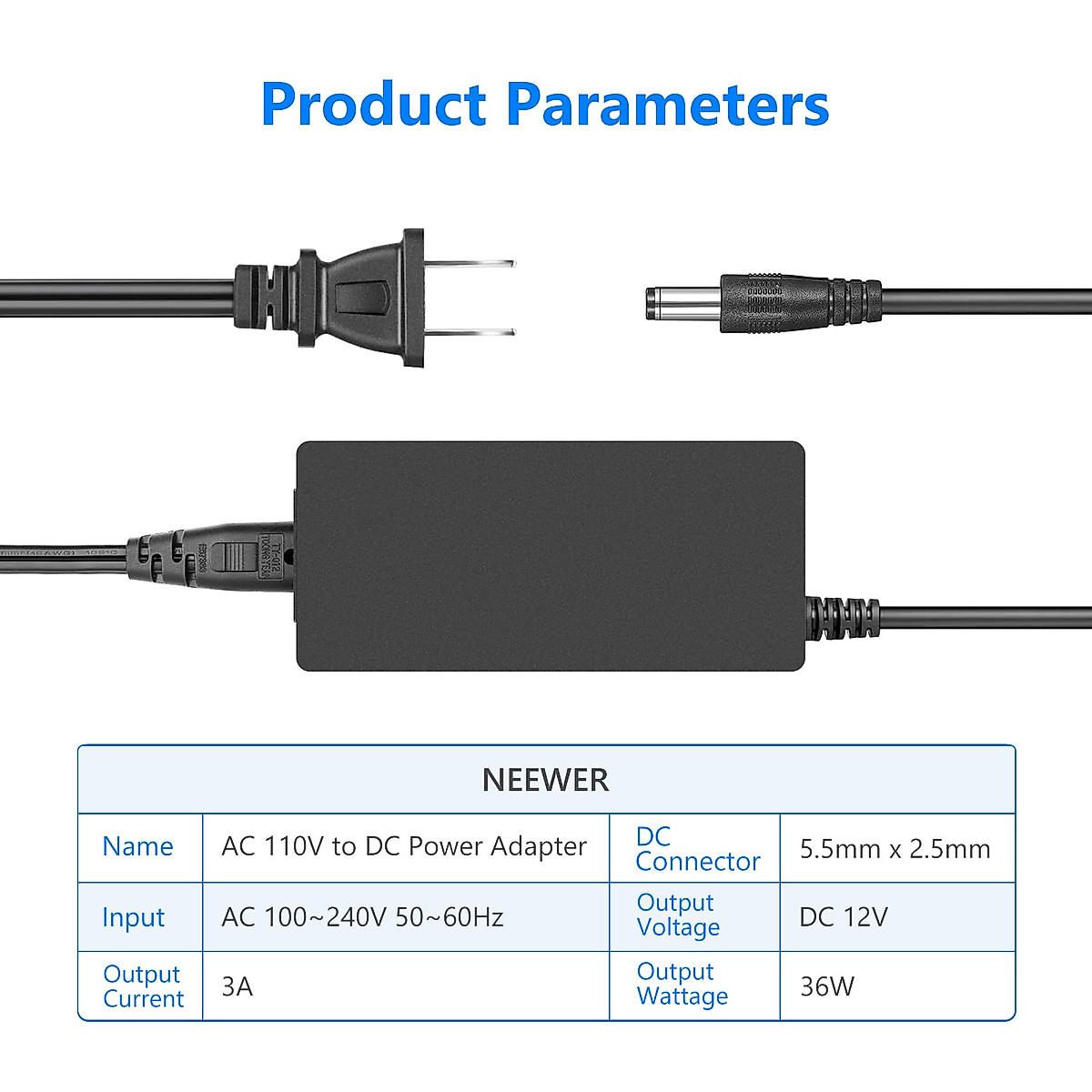 Neewer AC 100-240V to DC 12V 3A 36W Power Supply Adapter with 6.5 feet/2 Meters Power Cable Compatible with 480 LED Video Light and Max. 12V 3A 36W Ring Light, UL Listed (US Plug)