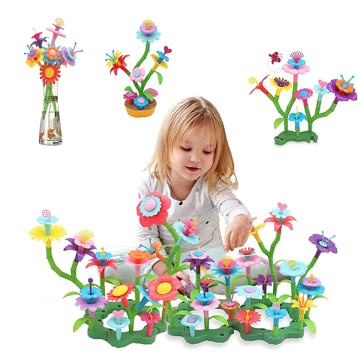 GrowFun DIY Flower Garden Building Kits Educational Activity Gifts Toys for Preschool Toddlers Pretend Play Birthday for Kids Age 3 4 5 6-136PCS