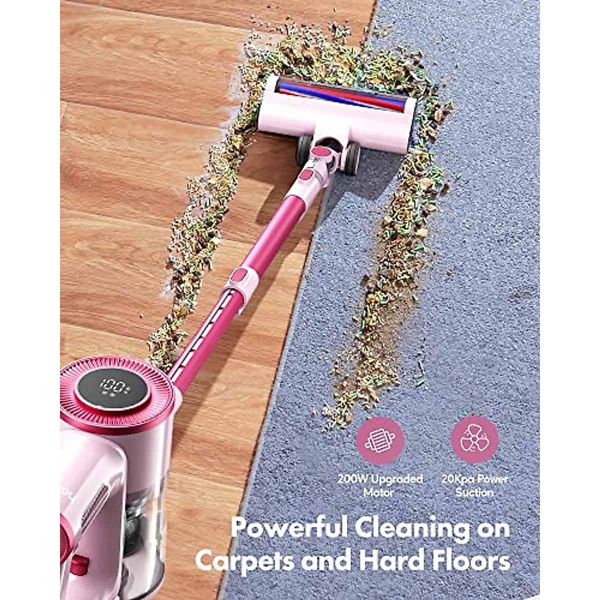 Homeika Cordless Stick Vacuum Cleaner, 20Kpa Powerful Suction Vacuum Cleaner with LED Display, 30 Min Runtime Detachable Battery, 1.5L Dust Cup, for Carpet and Hard Floor Pet Hair (Pink)