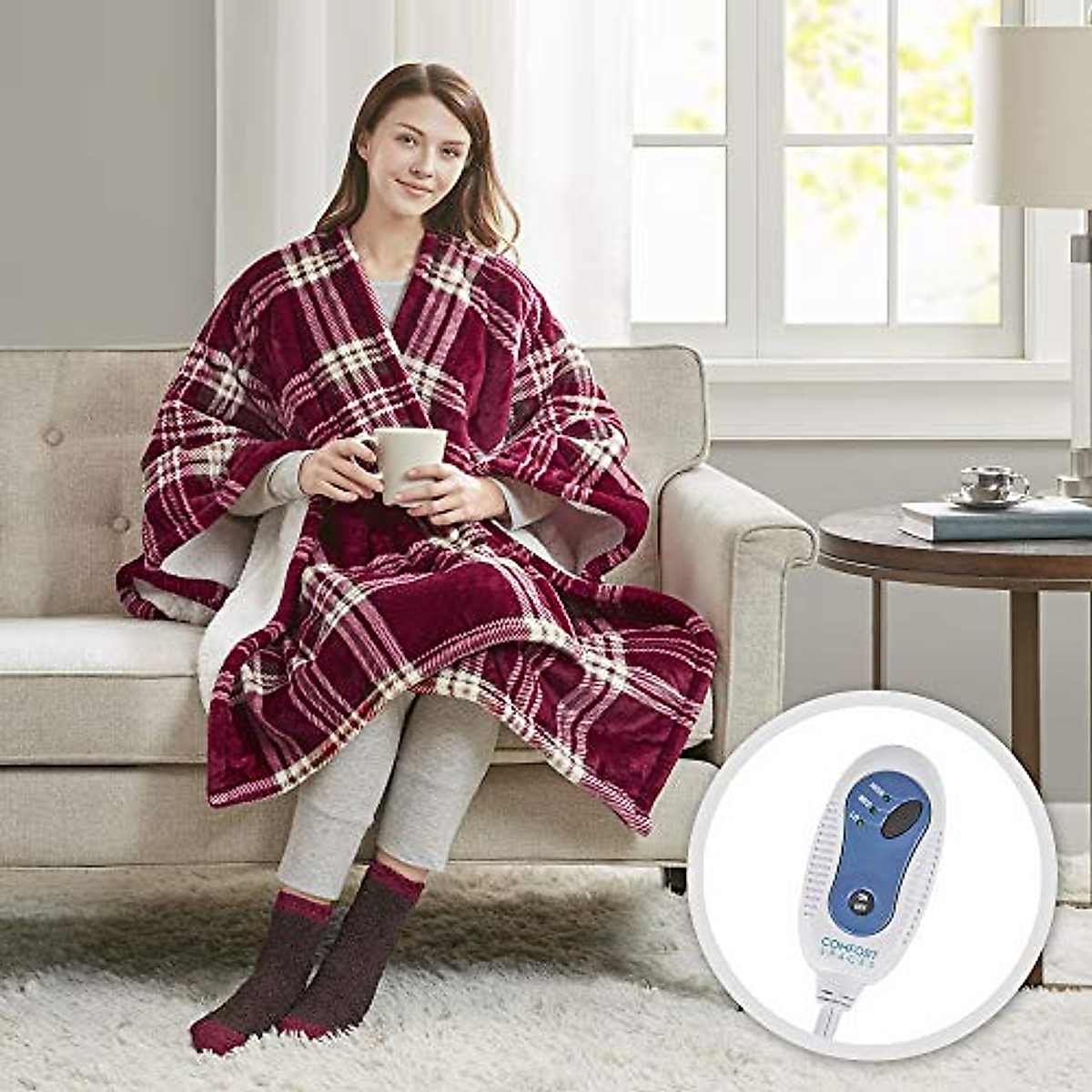 Comfort Spaces Plush to Sherpa Electric Blanket Shawl Shoulder, Neck Wrap with Matching Sock Set Giftable Ultra Soft, Warm, Snuggle Fleece-Reversible Heated Poncho Throw, 50" W x 64" L, red Plaid