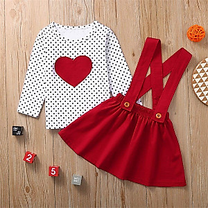 MODNTOGA Toddler Baby Girl Valentines Outfit Long Sleeve Dot Heart Shirt Top+Suspender Strap Red Skirts Set(18M-7Y) (Red, 2-3T)