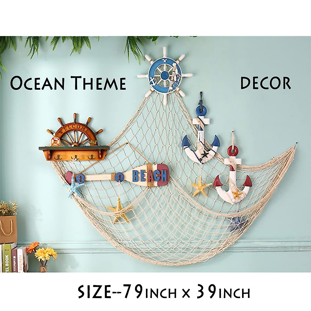 TEMUCY Natural Fish Net Decorative, Beach Themed Fish Net Decorations for Pirate, Mermaid, Beach Party Home Bedroom Décor