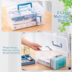 Leinuosen 2 Pcs 2 Layer Clear Plastic Dividing Storage Box with Removable Tray Multipurpose Stationery Storage Box with Handle Portable Sewing Box Transparent Case for Home, 11.42x6.3x5.71 In(Blue)