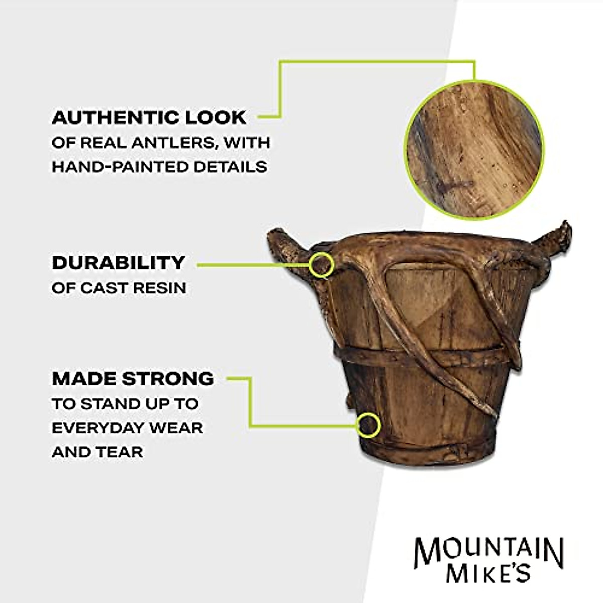 Mountain Mike’s - Rustic Well Bucket Waste Basket with Replicated Deer Antler Handle - Bathroom Trash Can - Rustic Home Decor Inspired by The Outdoors (12 x 12 in)