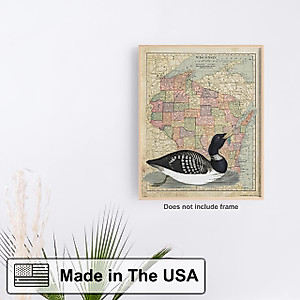 Apple Creek Wisconsin State Map Common Loon Call Decoy Poster Art Print 11x14 Cabin Wall Decor Pictures