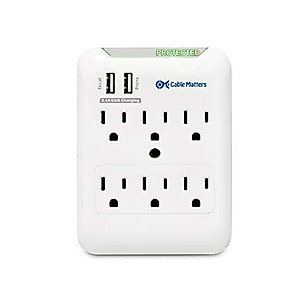 Cable Matters 6 Outlet Wall Mount Surge Protector with USB Charging in White (Updated Version with Dimmed LED Light)