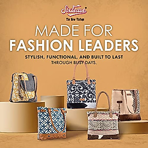 SIXTEASE Tote Bags for Women Large Tote Bag with Zipper Top - Genuine Leather Strap, Upcycled Canvas, Rug, Hair On and Hardware Accents - Vintage Style Hand Stitched - Emblem