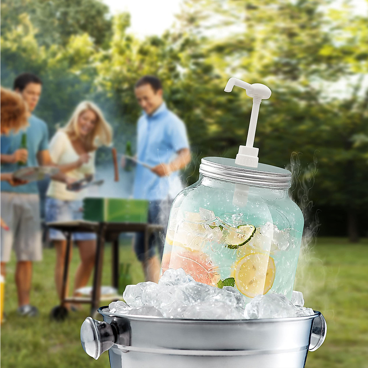 Suli Drink Dispenser for Parties, 1 Gallon 2 Pack Beverage Dispenser, Glass Juice Dispenser Countertop for Outdoor BBQ, Sun Tea, Lemonade, Mason Jar Dispenser with Pump