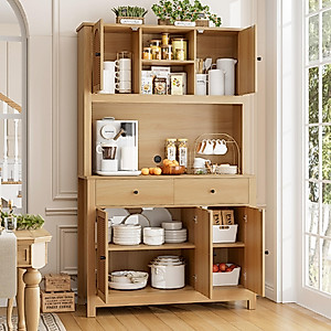 FINETONES 71" Kitchen Pantry Cabinet, Pantry Cabinet with Microwave Stand & Charging Hole, Freestanding Kitchen Hutch with Drawers and Adjustable Shelves, Kitchen Rattan Cabinet for Kitchen, Walnut