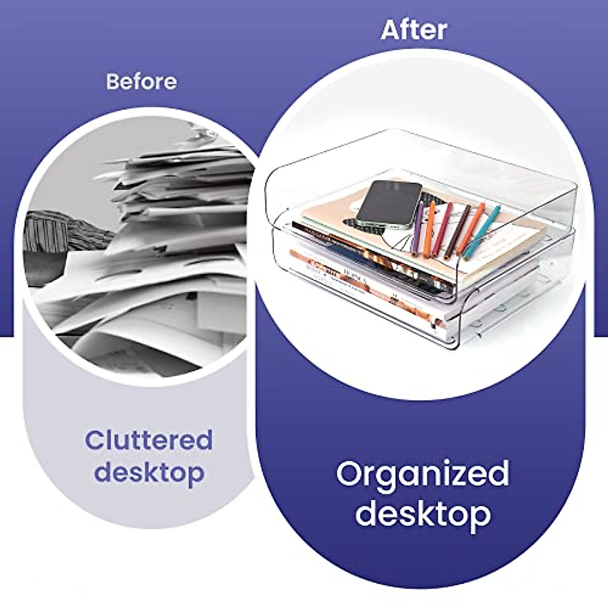 Tomorotec Desk Letter Tray Set, A4 Size Clear PET Stackable Document Organizer Office Desktop File Paper Holder Book Storage Rack Side Load Anti-Skid Stacking Support Convex Bottom (2X Landscape)