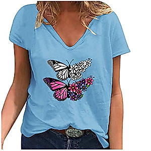 Baseball Mom Shirts for Women Women Summer Casual Split V Neckline Chiffon Blouses Loose Tunic Short Sleeve Tops Short Sleeve Shirts for Women Cotton Casual Blue