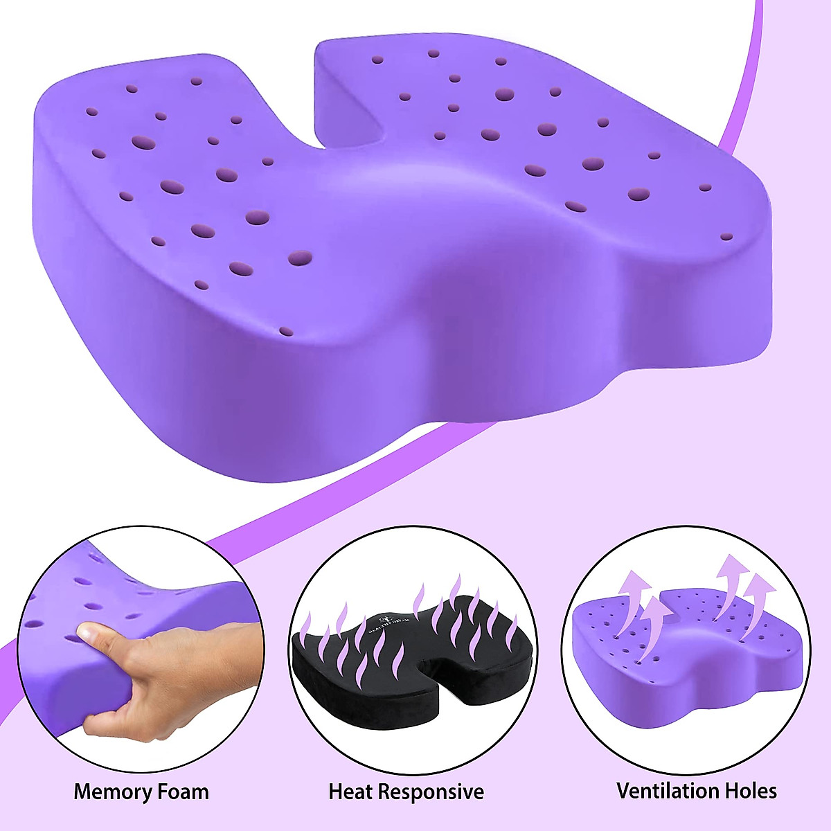 HEALTHY DREAM Office Chair Seat Cushion for Coccyx, Tailbone, Sciatica and Back Pain Relief; Orthopedic Support Memory Foam Cushion Contour Pillow; Comfortable Wheelchair and Gaming Chair Accessory