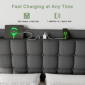 Feonase Queen Bed Frame with Charging Station, Upholstered Platform Bed Frame with Wingback Storage Headboard, No Box Spring Needed, Easy Assembly, Dark Grey