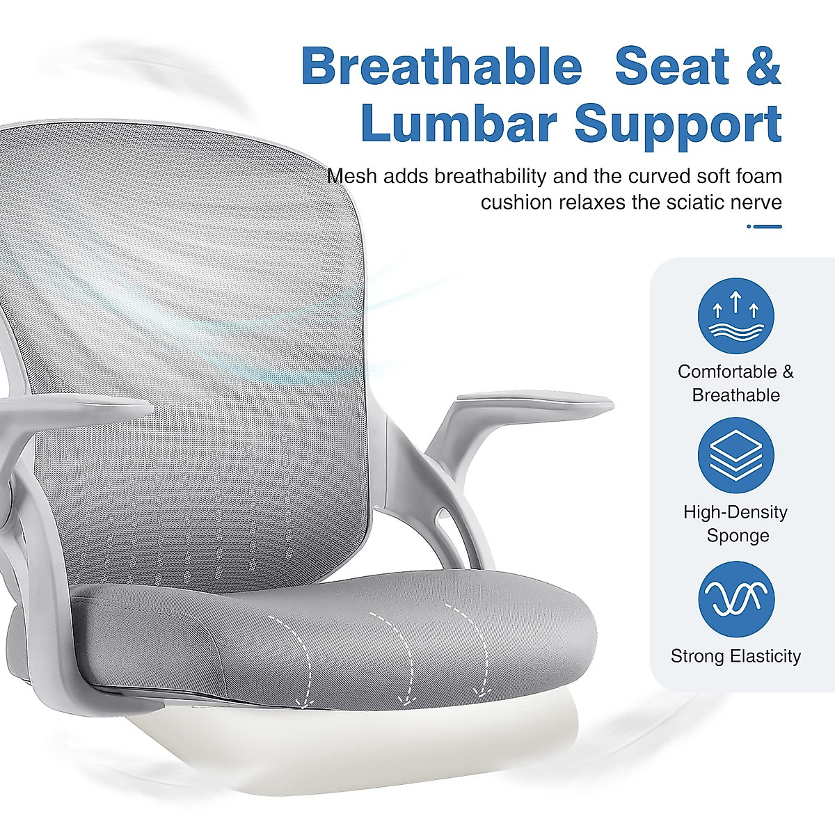 JHK Home Office Desk Chair – Ergonomic Office Chair with Lumbar Support and Flip-up Armrest, Height Adjustable Mesh Computer Chair, Suitable for Office, Study, Conference Room, Grey