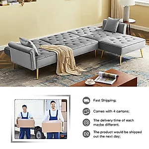 Hommoo 110” Modern Reversible Sectional Couch for Living Room Velvet L Shaped Couch with Removable Ottoman Nailhead Trim 3 Seater Sofa with Metal Gold Legs Light Gray