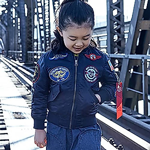 Norman Dragon Patch Embroidered Nylon MA-1 Baby Kids Bomber Flight Jacket Winter Padded Thick Coat for Boys Girls (Navy, 10) (FLJ-0008)
