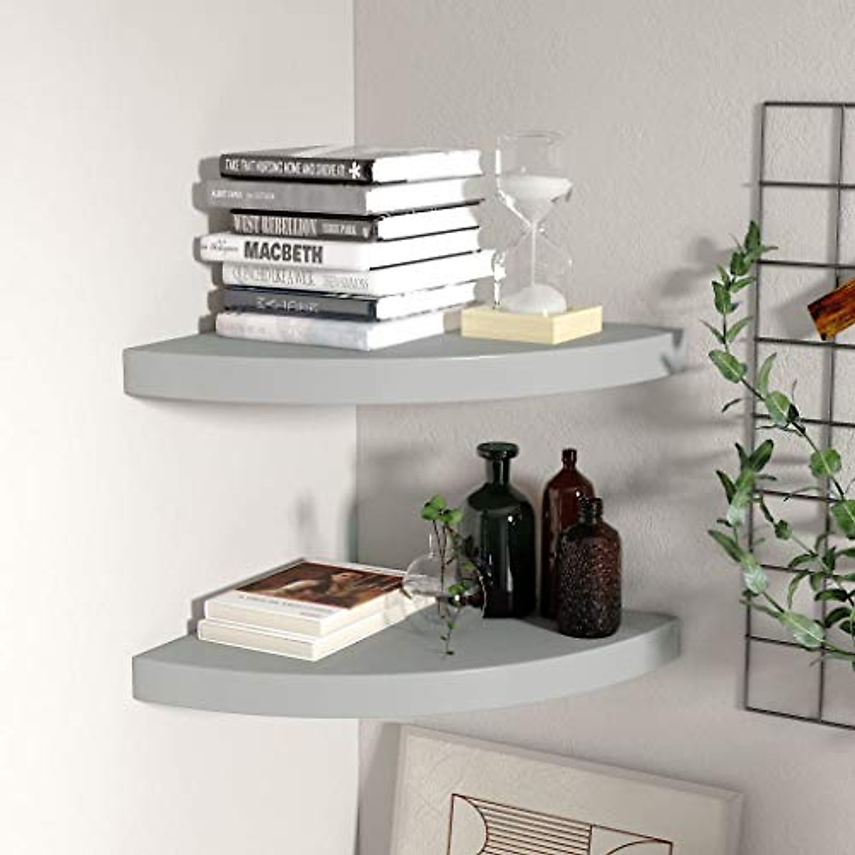 Natulvd Corner Floating Shelves, Φ13.8 Wall Shelf Set of 2, Shelves for Wall Decor, Wall Mount Display Shelf with Invisible Brackets for Bathroom Bedroom Kitchen Garage - Grey