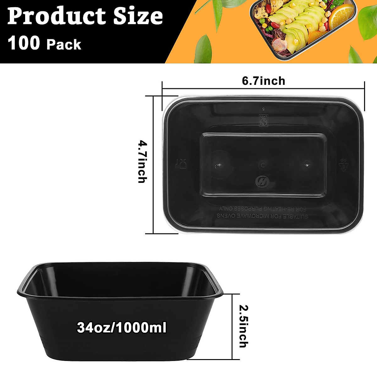 YAYODS 100 Pack Reusable Meal Prep Containers with Lids, 1 Compartment Plastic Food Prep Storage Containers, 34oz Microwave and Dishwasher Safe To Go Food Containers for Take out Meal, Lunch
