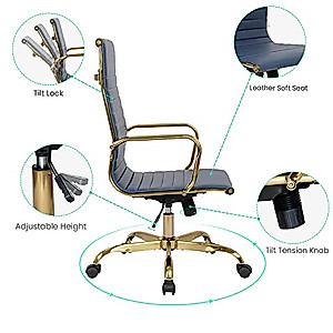 LeisureMod Harris Modern Adjustable Swivel Leather High-Back Task Office Chair with Gold Frame, Navy Blue