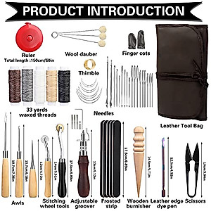 TLKKUE Leather Working Tools Leather Sewing Kit Leather Craft Tools with Storage Bag, Groover, Stitch Wheel, Waxed Threads, Awl, Needles, Manual, Leather Making Kit for DIY Sewing Craft Projects