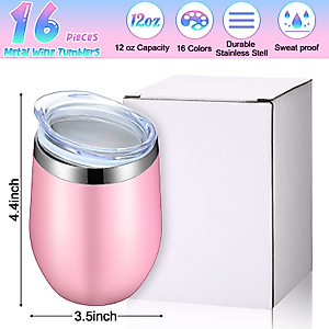 16 Packs Stainless Steel Wine Tumblers with Lids, 12 oz Insulated Wine Tumbler Stemless Double Wall Vacuum Wine Glass Coffee Tumbler Bulk Drinking Cup for Hot or Cold Drink Soda Whiskey, 16 Colors