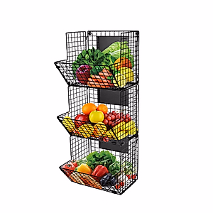 3-Tier Wall Mounted Storage Basket Foldable Organizer, Hanging Metal Wire Basket with Chalkboards, Kitchen Fruit Produce Pantry Bathroom Laundry Organization Office Garage Storage, Black