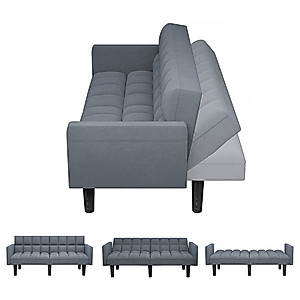 JUMMICO Modern Tuft Futon Sofa Bed Couch Convertible Loveseat Sleeper Reclining Futon Twin Size with Arms and 2 Pillows for Living Room (Blue)