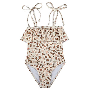 Zando Little Girls Bathing Suits One Piece Ruffle Kids Swimsuits One-Piece Baby Girls Swimsuit Size 4-5 Girls' Ruffle Sling Swim Suits UPF 50+ Beach Girls Bathing Suit 4-5 Years C Khaki Flowers 4-5T