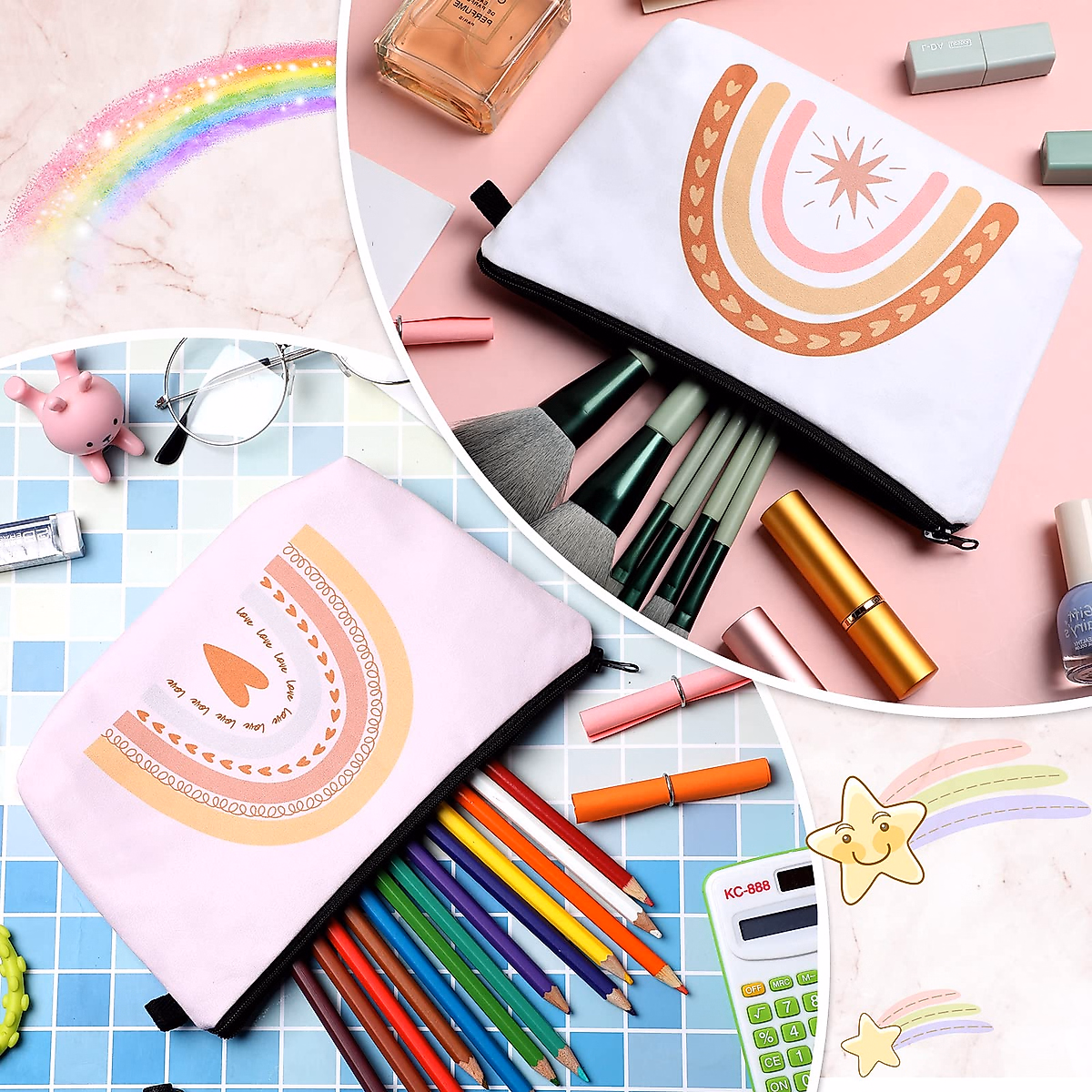 Sanwuta 12 Pieces Cosmetic Bags Makeup Bags Printed Roomy Toiletry Bag Waterproof Beauty Bag Organizer Pouches with Zipper Makeup Accessories for Women Girls (Rainbow Style)