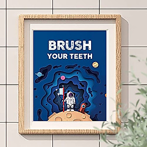 FALJIOK Funny Bathroom Outer Space Planet Wall Art Prints Decor, Bathroom Sign Brush Wash Brush, Bathroom Gift for Kids Son Brother Grandson Set of 4 (8”X10”) Unframed