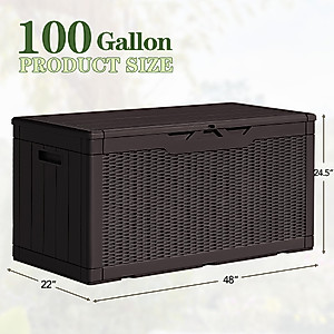 Greesum 100 Gallon Resin Deck Box Lockable Large Outdoor Storage Boxes for Garden Tools, Patio Furniture Cushions, Pool Supplies, Dark Brown