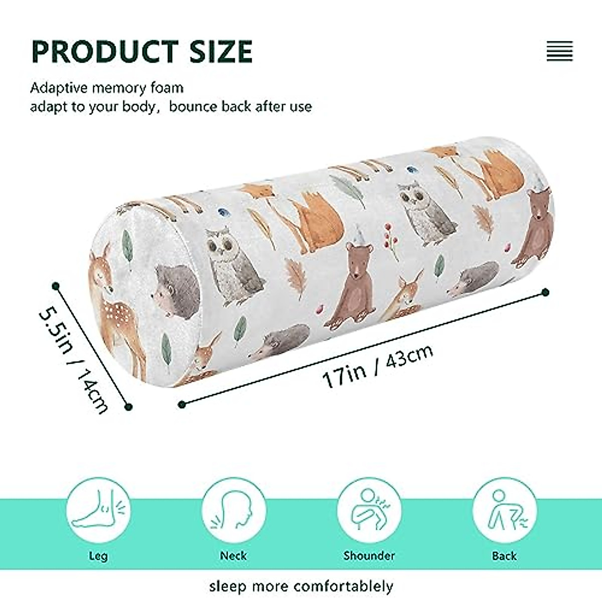 Vnurnrn Cute Forest Animal Neck Support Pillow Round Neck Roll Bolster Cylinder Pillow Cervical Pillows Arm Pillow for Leg Knee Back Head Support for Gifts Camp Study Work