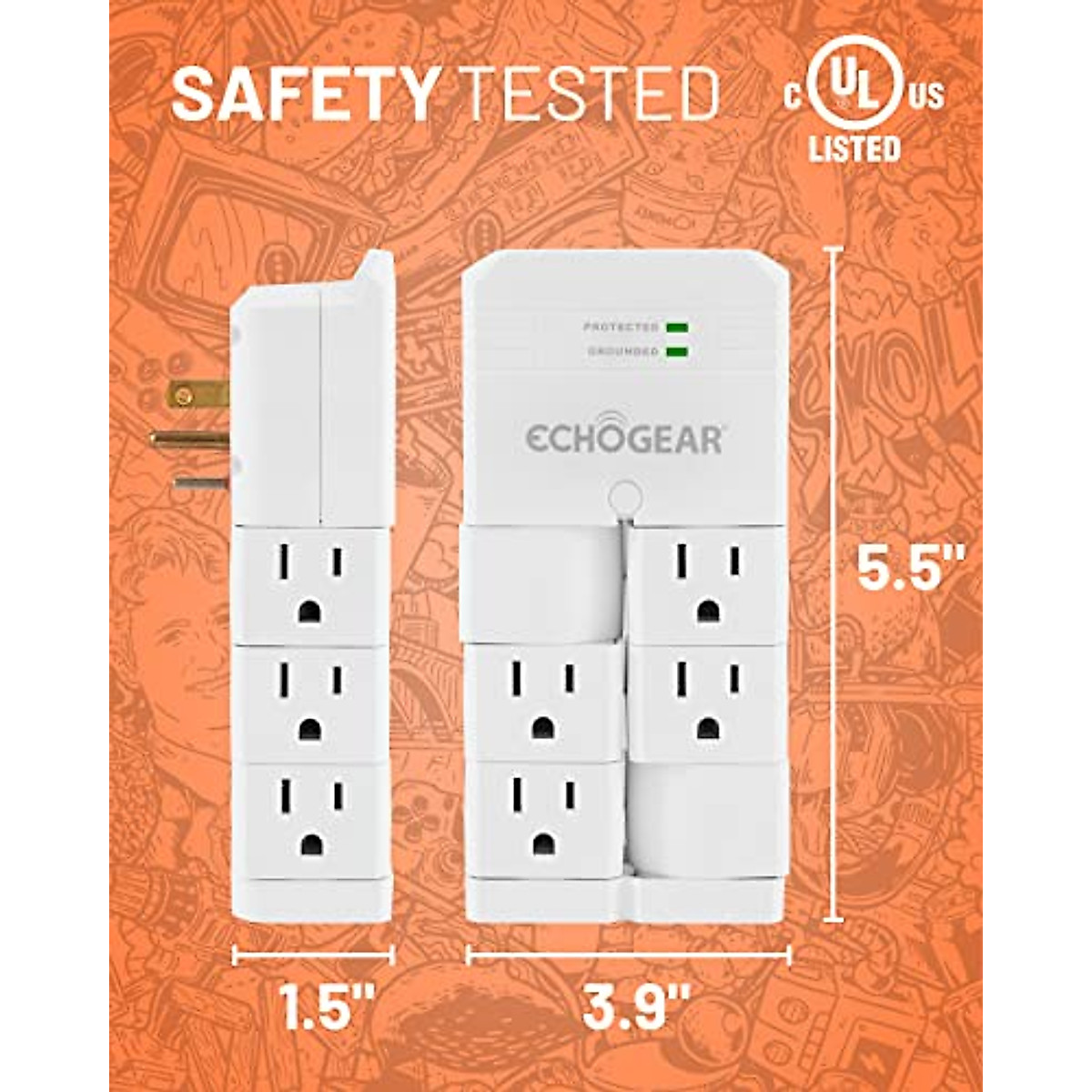 ECHOGEAR On-Wall Surge Protector with 6 Pivoting AC Outlets & 1080 Joules of Surge Protection - Low Profile Design Installs Over Existing Outlets to Protect Your Gear (White)