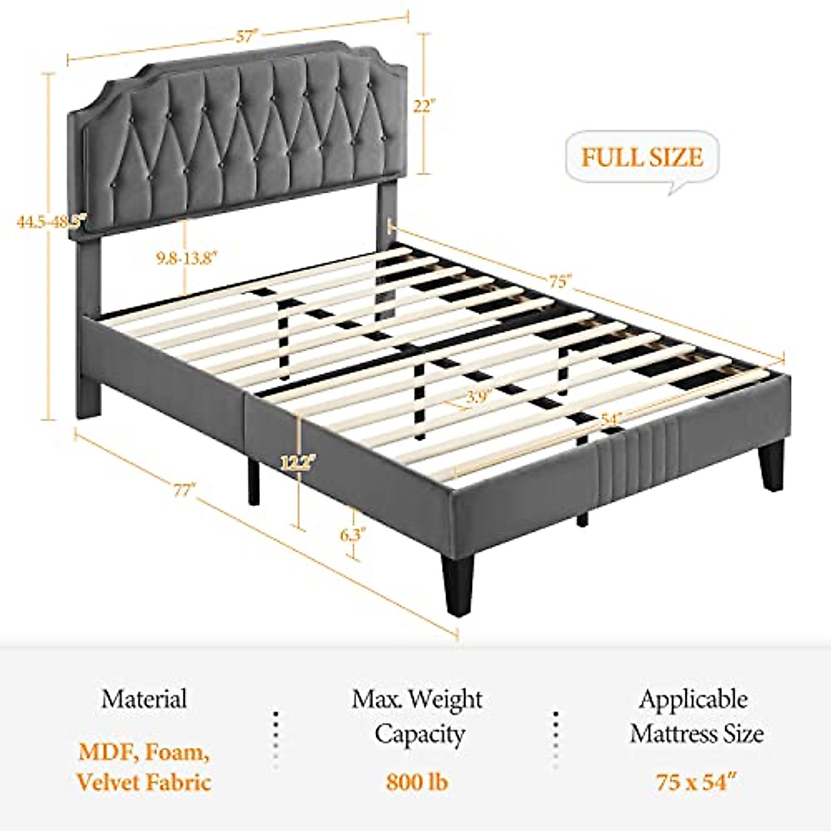 Yaheetech Full Bed Frame Velvet Upholstered Platform Bed with Curved Headboard, Height-Adjustable Headboard/Noise-Free/Wooden Slats Support/No Box Spring Needed/Easy Assembly, Dark Gray Full Bed