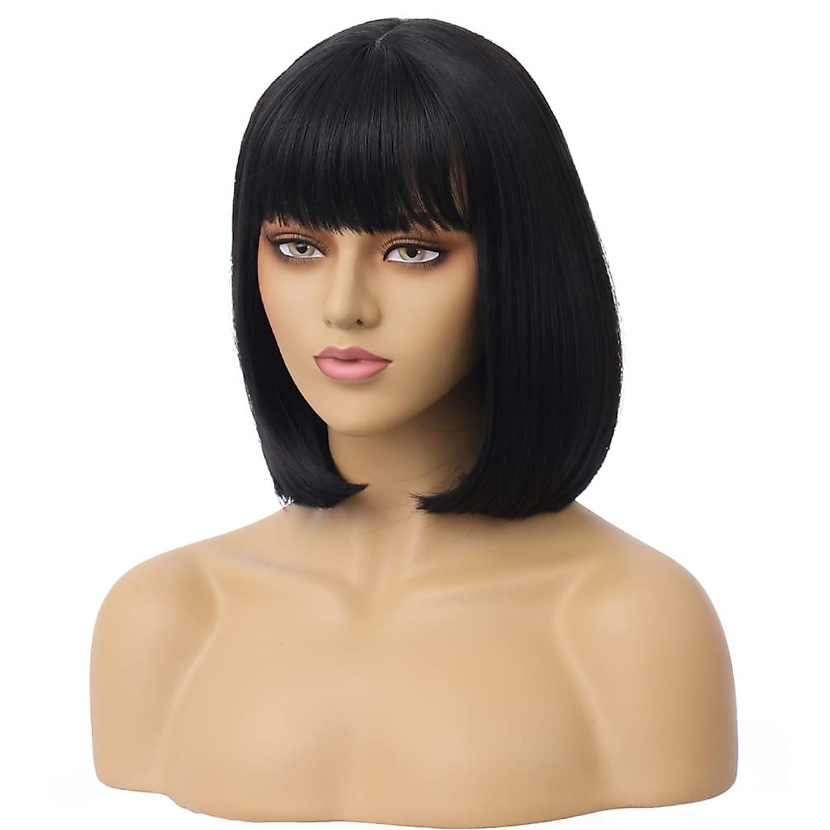 RightOn 12 Inches Black Bob Wig with Bangs Short Straight Synthetic Wigs for Women Cosplay Daily Party Hairnet Included