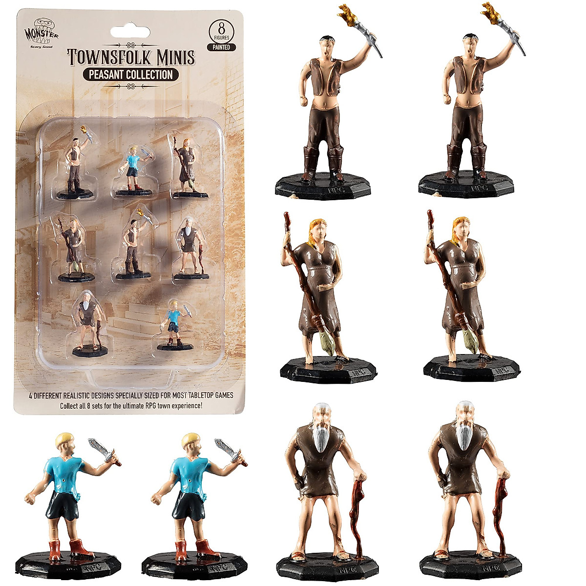 Monster Townsfolk Mini Fantasy Figures - 8pc Hand-Painted Peasant Non Player Character NPC Miniatures - 1" Hex-Sized Compatible with DND Dungeons Dragons Pathfinder, RPG Tabletop Games