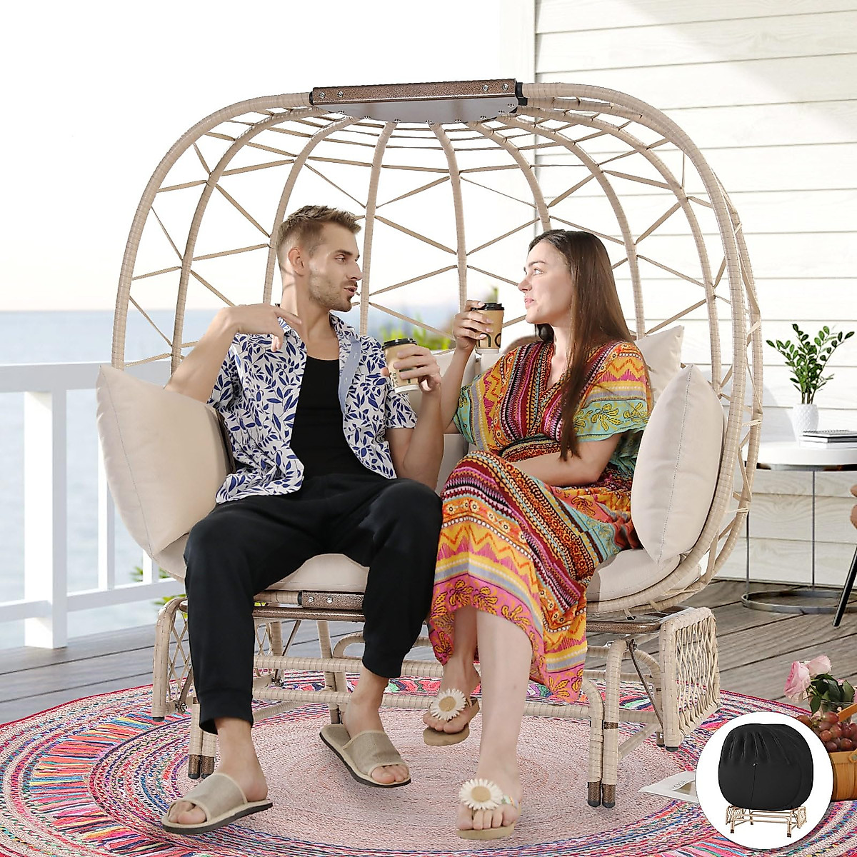 NICESOUL® Double Wicker Rocking Egg Chair, Oversized Egg Basket Lounge Chair for 2 Persons, Patio Gliding Egg Chair with Legs Thick Cushions 500 Lbs Large Loveseat for Indoor Outdoor Beige with Cover