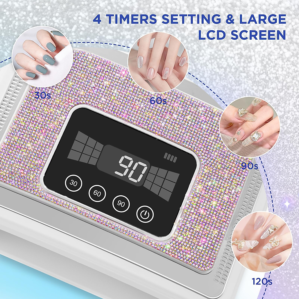 Aedavey Cordless Nail Lamp, 120W Rechargeable UV Nail Lamp for Gel Nails, LED Nail Lamp with 4 Timer Modes, Gel Nail Light Decorate with Sparkling Nail Rhinestones Diamond