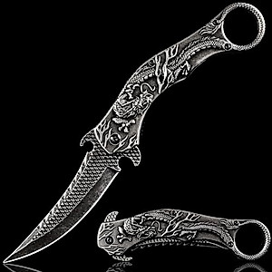 Vividstill Pocket Knife for Men, Cool Folding Knife With 3D Dragon Relief, Great Gift Edc Knife For Men Outdoor Survival Camping Hiking (Black)