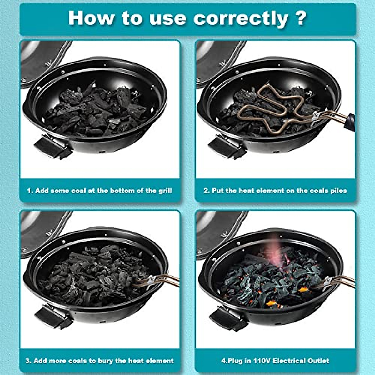 Electric Charcoal Starter Ajiaguo 700W - Premium BBQ Grilling Fireplace Coal Lighter Easy & Quick Ignite Briquettes |No Sparks or Flames | 304 Stainless Steel Coils Elements 5ft Long Cable (CB 2)