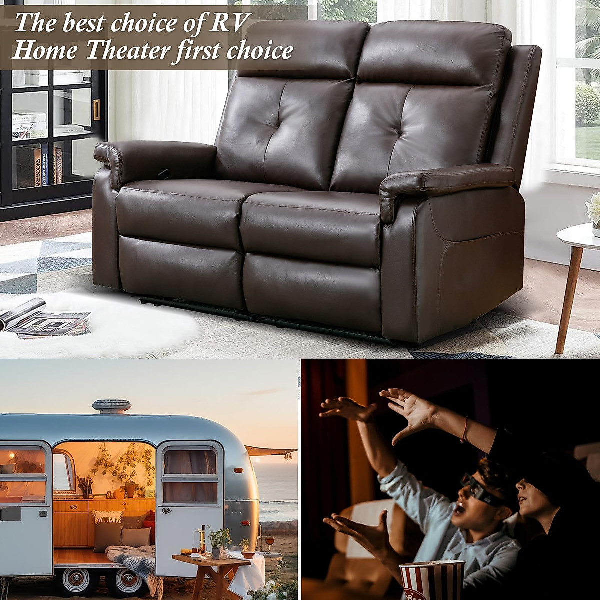 PALLOME Loveseat Recliner, PU Leather Reclining Sofa, 54'' Double Recliner Loveseat with Heat and Massage, RV Theater Seating, Manual Recliner Chair for Living Room (Brown)