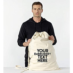 Custom Cotton Laundry Bags - Add Your Embroidered Name or Monogram - Personalized Large Drawstring Washable Hamper Tote for College, Dorms, Bathroom Organizer, Travel