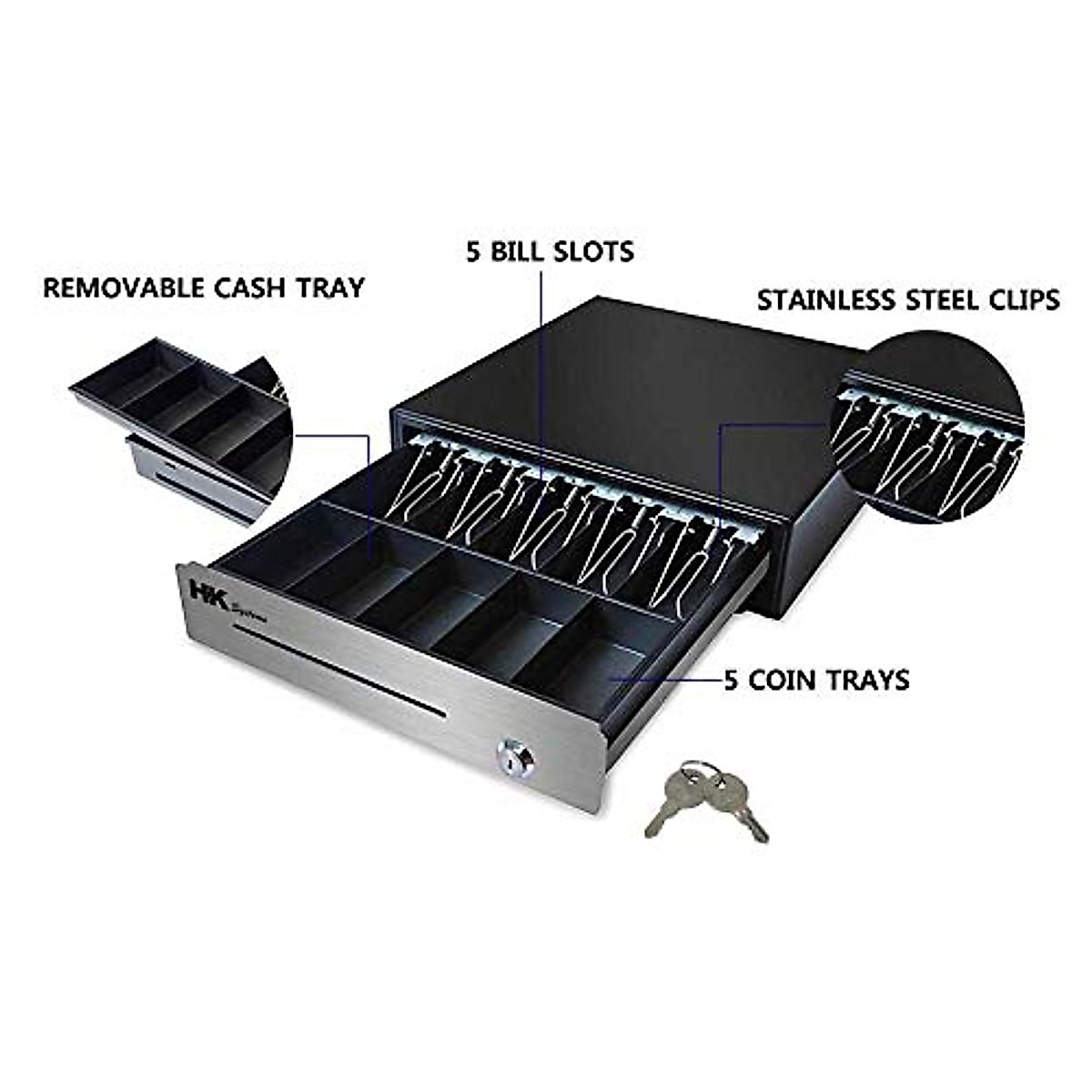HK SYSTEMS 16" Heavy Duty Black "Push" Open Cash Drawer, 5B5C with Under Counter Mounting Metal bracket