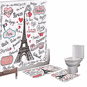 Amagical Paris Tower Decor Collection France Paris Oh La La Eiffel Tower Pattern 3 Piece Bathroom Mat Set Shower Curtain Set Bath Mat Contour Mat and Shower Curtain with 12 Hook