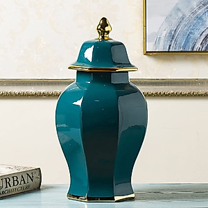 Handmade Green Hexagon Ginger Jar Vase Ornament, Home & Living Room Decorative Jar, Gold-Plated Ceramic Temple Jar (Size : Large)